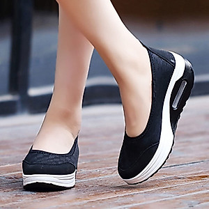 Keilinia Women's Slip on Breathe Knitted Sneakers,Lightweight Comfy Air Cushion Low Orthopedic Wedge Running Nursing Shoes (6,Black)