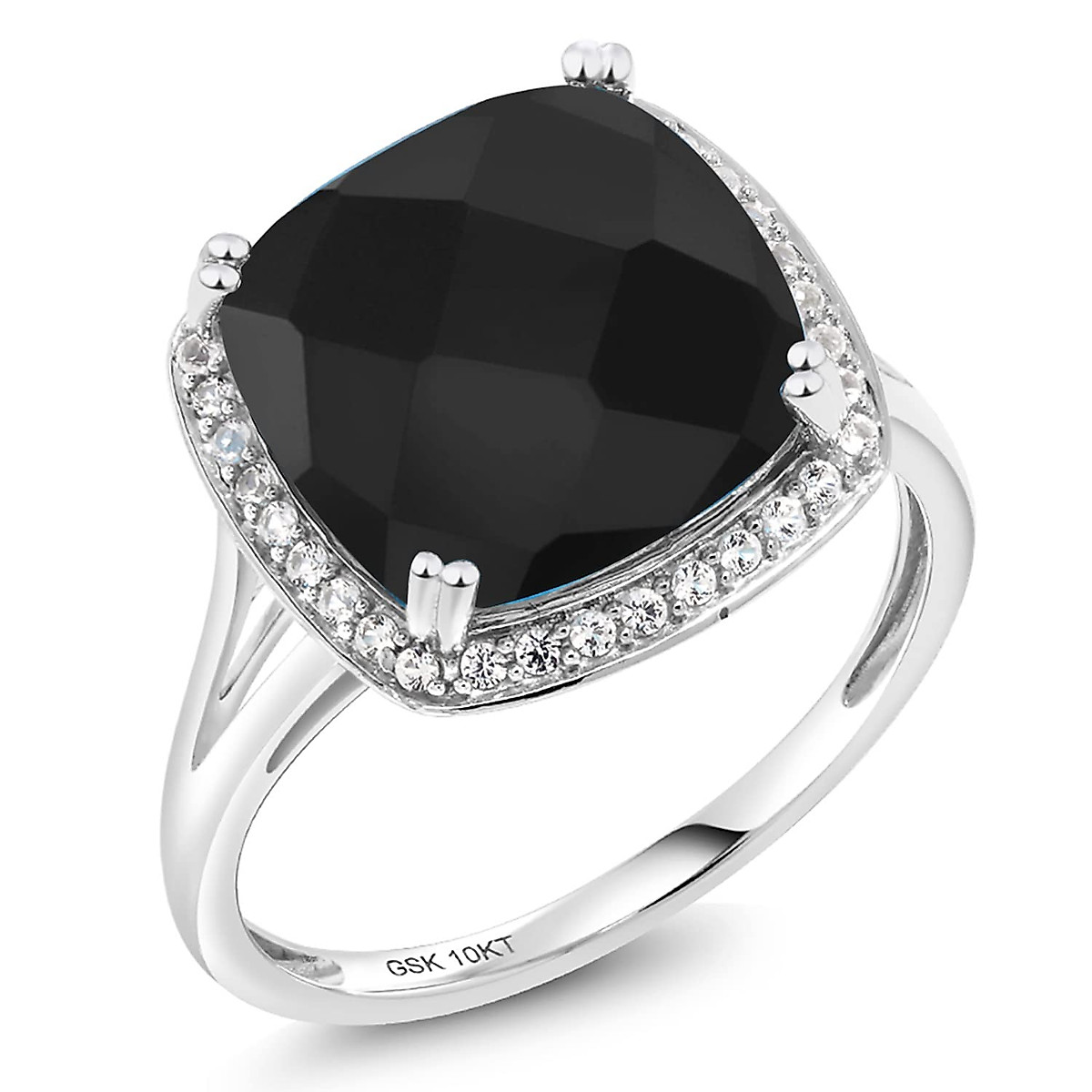 Gem Stone King 10K White Gold Black Onyx and White Created Sapphire Women Ring (5.77 Cttw, Cushion Checkerboard 12MM, Gemstone Birthstone, Available In Size 5, 6, 7, 8, 9)