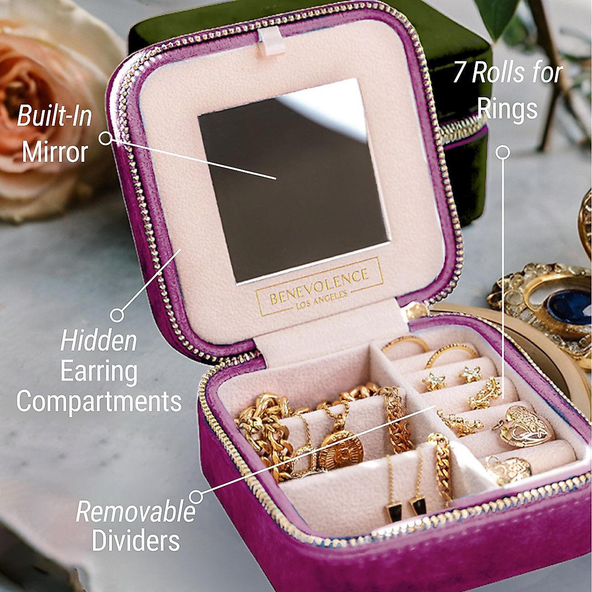Benevolence LA Plush Velvet Jewelry Box | Travel Jewelry Case Organizer with Mirror | Featured in Oprah's Favorite Things | Best Gifts For Daughter, Girlfriend, Mom | Gifts For Her - Magenta