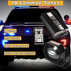Monrand 400W Police Siren Emergency System, 12V 18 Tones 400W Amplifier PA Speaker System ,130db Two Ultra Slim 400 Watt Lound Siren Speaker with Remote Control Fit for Police Car ATV Truck Engineer