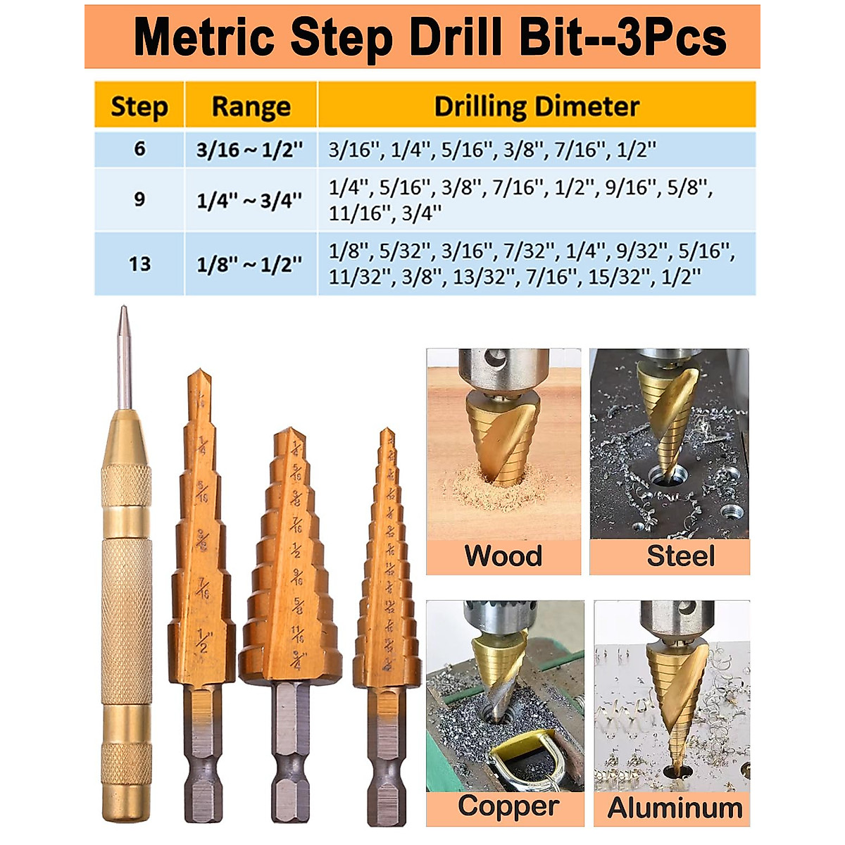 WENHUALI 29-Pack Woodworking Chamfer Drilling Tools, 6 Countersink Drill Bits, 7 Counter Sinker Drill Bit, 8 Wood Plug Cutter, 3 Step Drill Bits and 3 Countersink Drill Bit with 1pcs Center Punch.