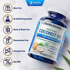 YounGlo Research Coconut Oil 1000 mg 100% Cold-Pressed Organic Extra Virgin Coconut Oil 180 Vegan Softgel Capsules Keto-Friendly Dietary Supplement Support for Hair, Nails & Skin Health
