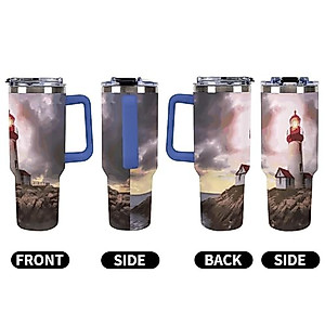 LLUTSNTH 40 Oz Vacuum Tumbler with Deep Blue Handle Leakproof Insulated Tumbler Lighthouse Stainless Steel Travel Mug with Lid And Straw Coffee Cup Cute Water Bottles Cup Holder Friendly