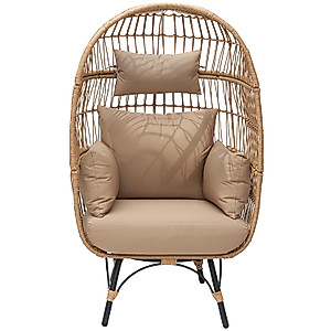 RADIATA Oversized Wicker Egg Chair w/ 5 Cushions 440lb Capacity Lounge Basket with Strong Heavy-Duty Steel Frame for Indoor Outdoor Patio Backyard Living Room (Beige)