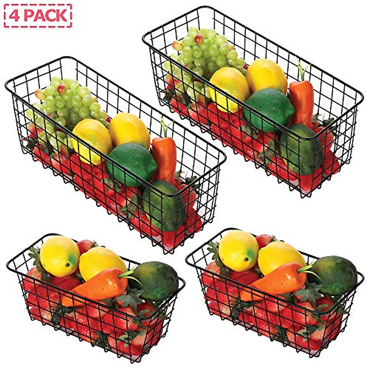 XINFULL 4 Pack Wire Storage Baskets Household Metal Wall-Mounted Containers Organizer Bins for Kitchen Bathroom Freezer Pantry Closet Laundry Room Cabinets Garage Shelf, 2 Large 2 Medium