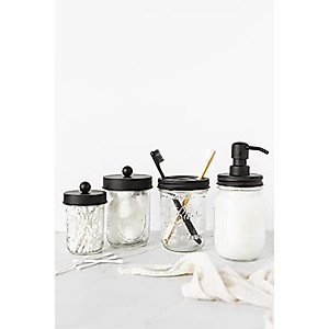 Jarmazing Products Ball Mason Jar Bathroom Gift Set (4 pcs) - Lotion/Soap Dispenser, Toothbrush Holder, Q-Tip Storage Jars - Farmhouse Home Decor for Vanity Organization - Luxury Accessories - Black