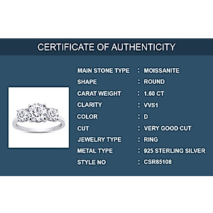 SAVEARTH DIAMONDS 1.6 Carats Round Lab Created Moissanite Diamond Three Stone Promise Ring for Women 18K Yellow Gold Plated 925 Sterling Silver with Certificate of Authenticity Size-8