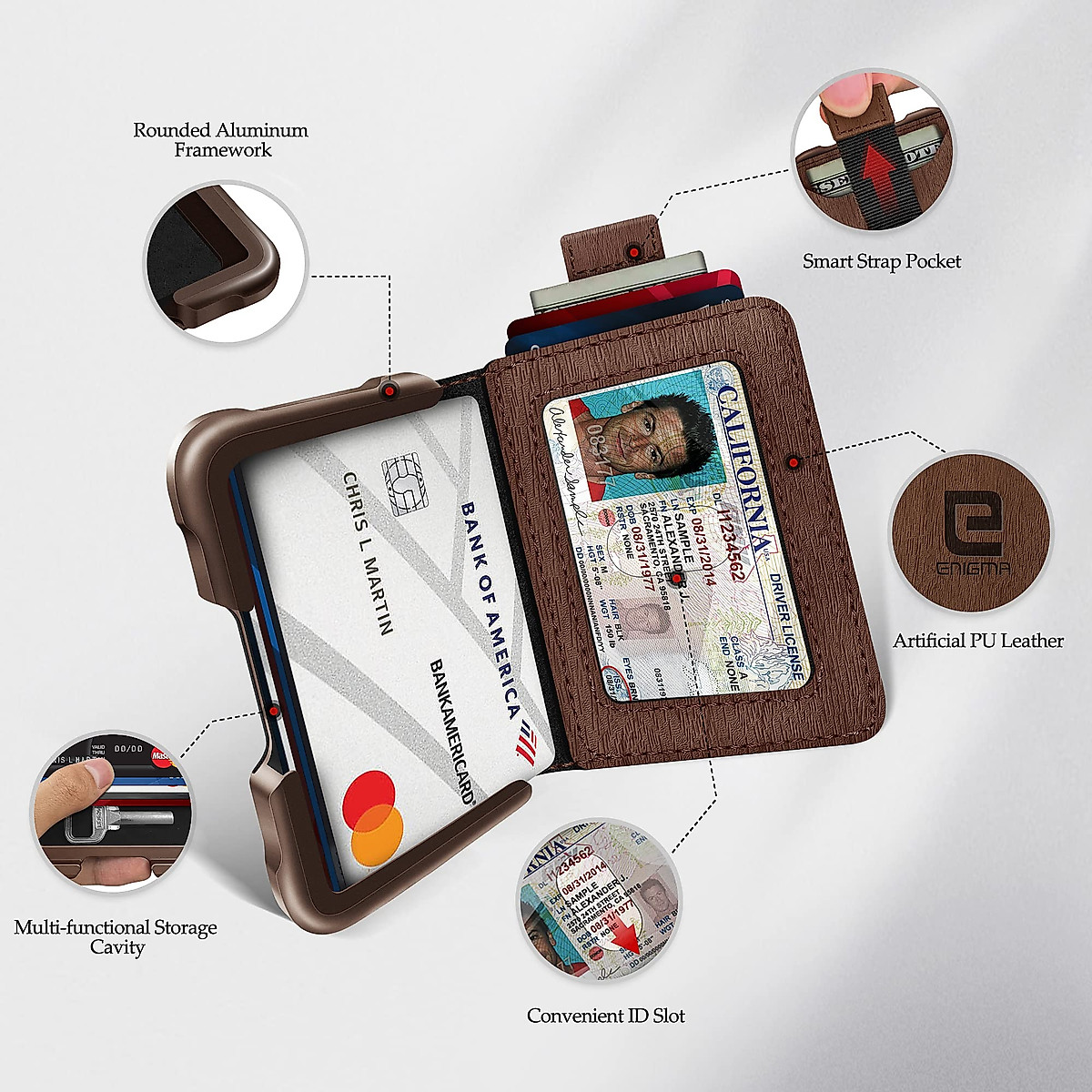 ENIGMA Dapper PU Leather Bifold Front Pocket Slim Wallet for Men, Aluminum Metal Travel Tactical RFID Blocking Card Holder Money Clip, Ideal Men's Gift (Deep Taupe Tree Pattern)