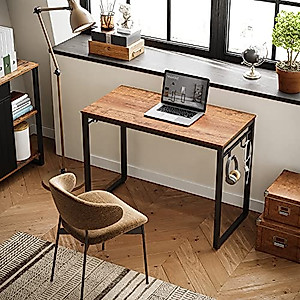 VASAGLE Computer Writing Desk, 39 Inch Office Study Table, Work from Home, with 8 Hooks, Metal Frame, Industrial, 39.4", Walnut Brown