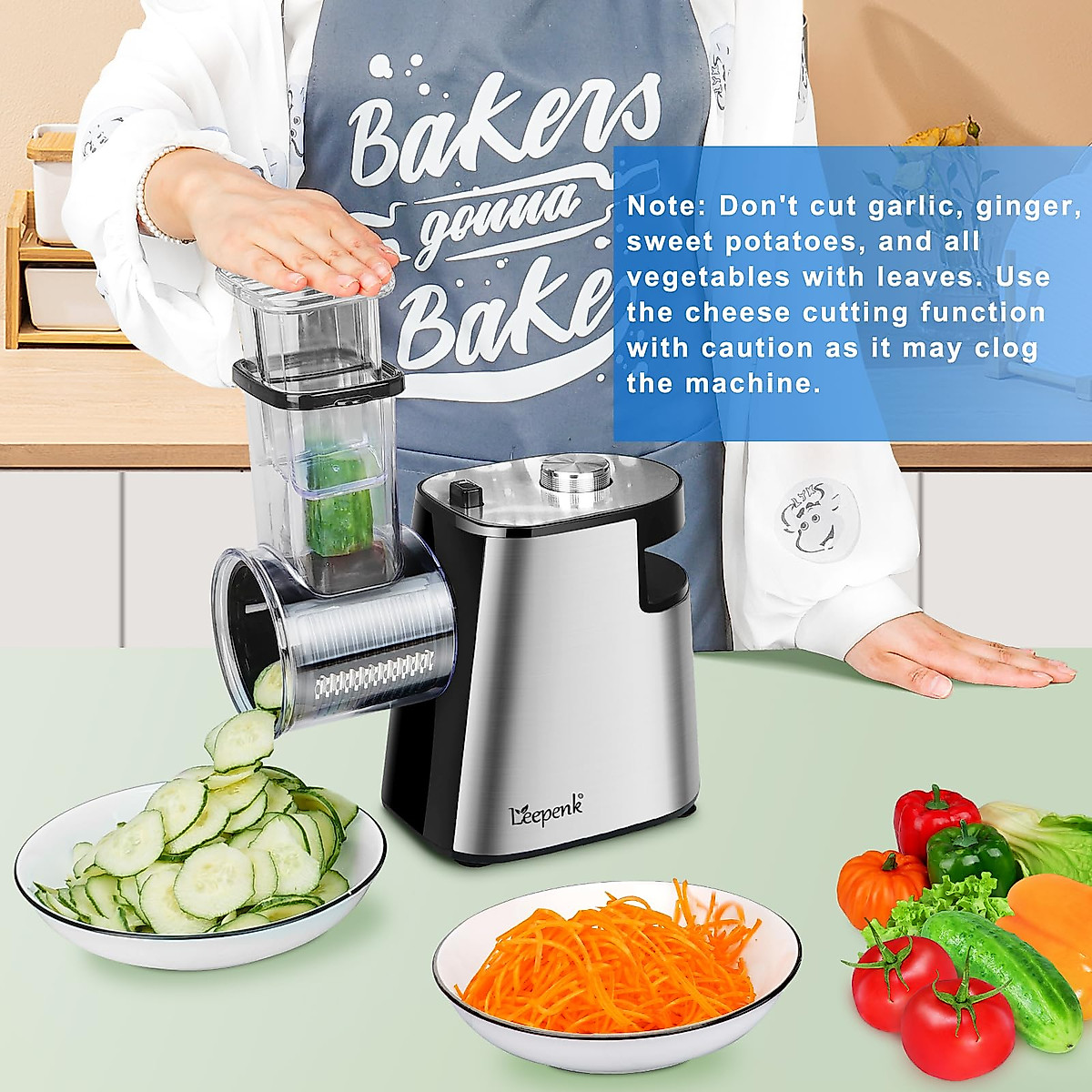 LEEPENK Electric Cheese Grater 5 In 1 Electric Vegetable Cutter Slicer 2023 Upgrade 250w Electric Grater with Large Direct Inlet and 5 Different Blades for Vegetables,Block Cheese and Fruits