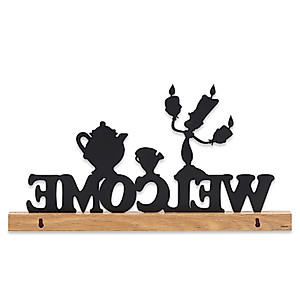 Disney Beauty and the Beast Welcome Be Our Guest Tabletop Decor - Lumiere, Chip, and Mrs. Potts Metal Silhouettes on Natural Wood Base