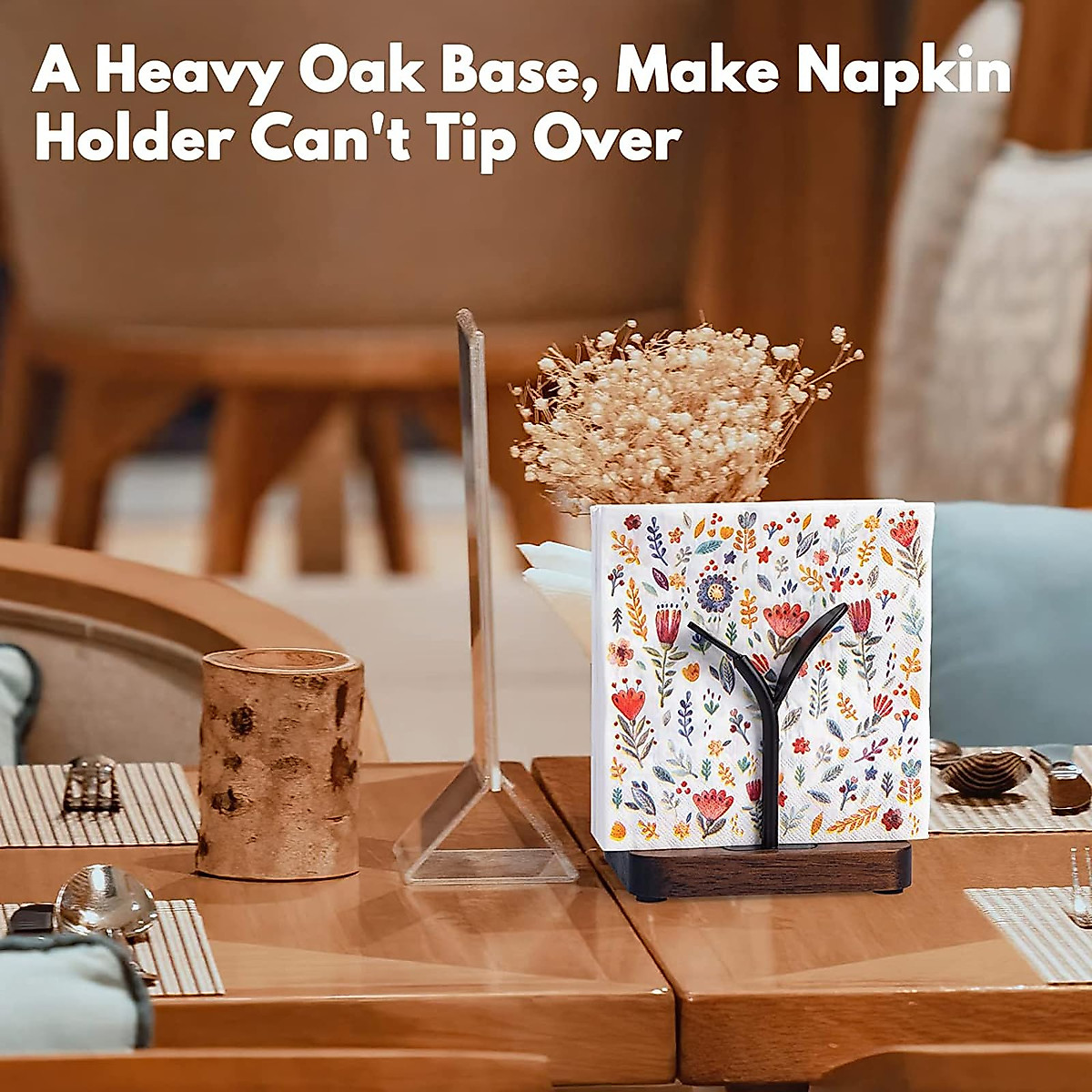 Wooden Napkin Holder for Table - Wood Napkin Holder with Black Cast Iron,Cute Cocktail Napkin Holders for Parties,Modern Farmhouse Black Napkin Holder,Metal Rustic Napkin Holders