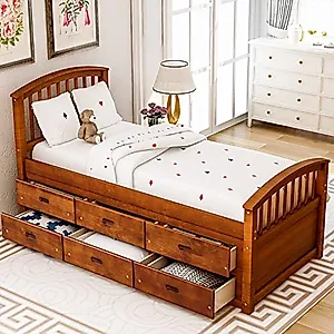 BOVZA Twin Size Platform Bed Frame, Wooden Storage Bed with Headboard and Footboard, 6 Storage Drawers, for Bedroom, Walnut