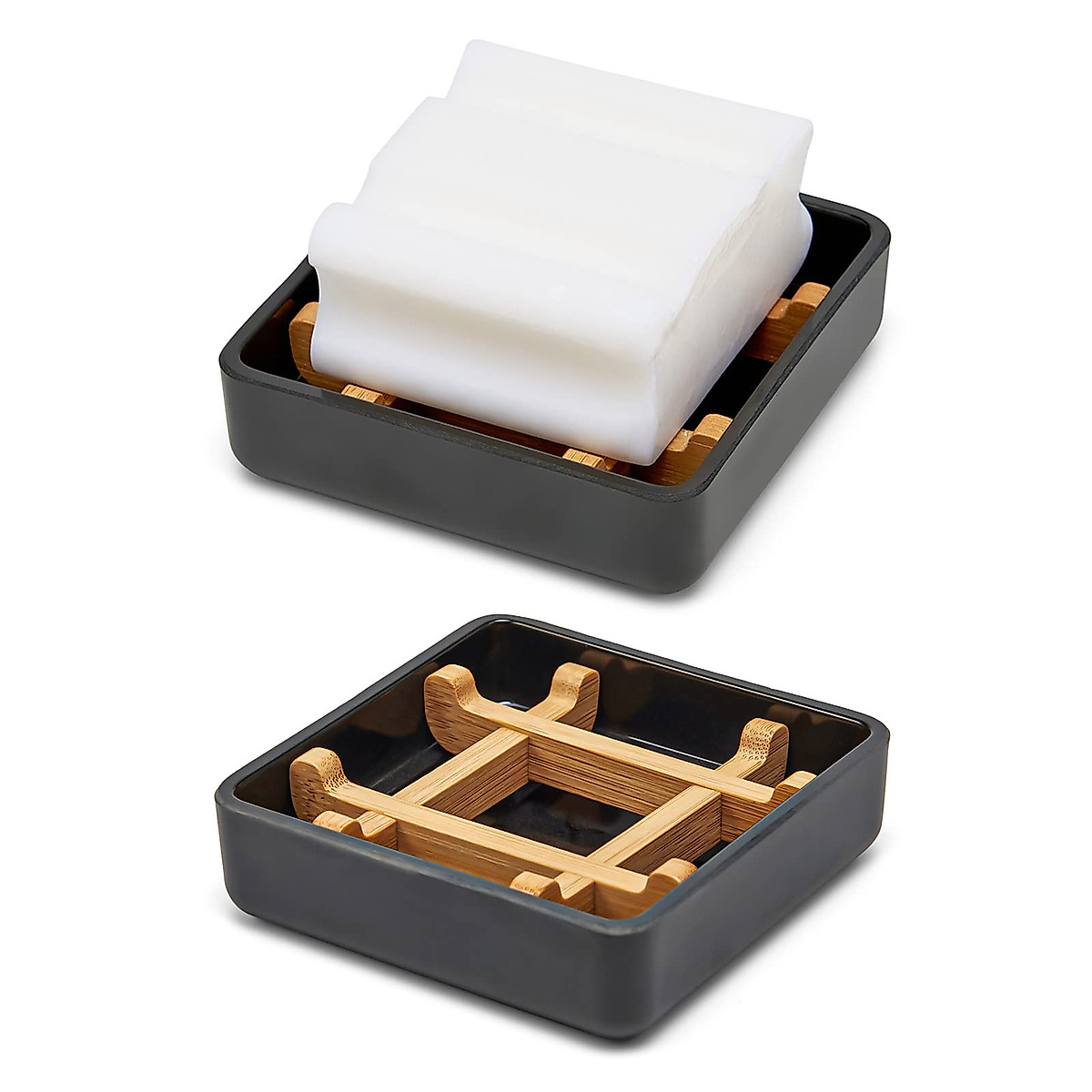 Wooden Bamboo Square Soap Dishes for Bar Soap Holder for Shower with Drain for Bathroom Small Soap Dish Detachable（Double Pack Right Angle Black）