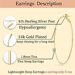 Cocadant Big Gold Hoop Earrings for Women,3 Colors Large Thin 60mm Silver Hoop Earrings Set Stainless Steel 14K Gold Plated with Hypoallergenic Sterling Silver Post