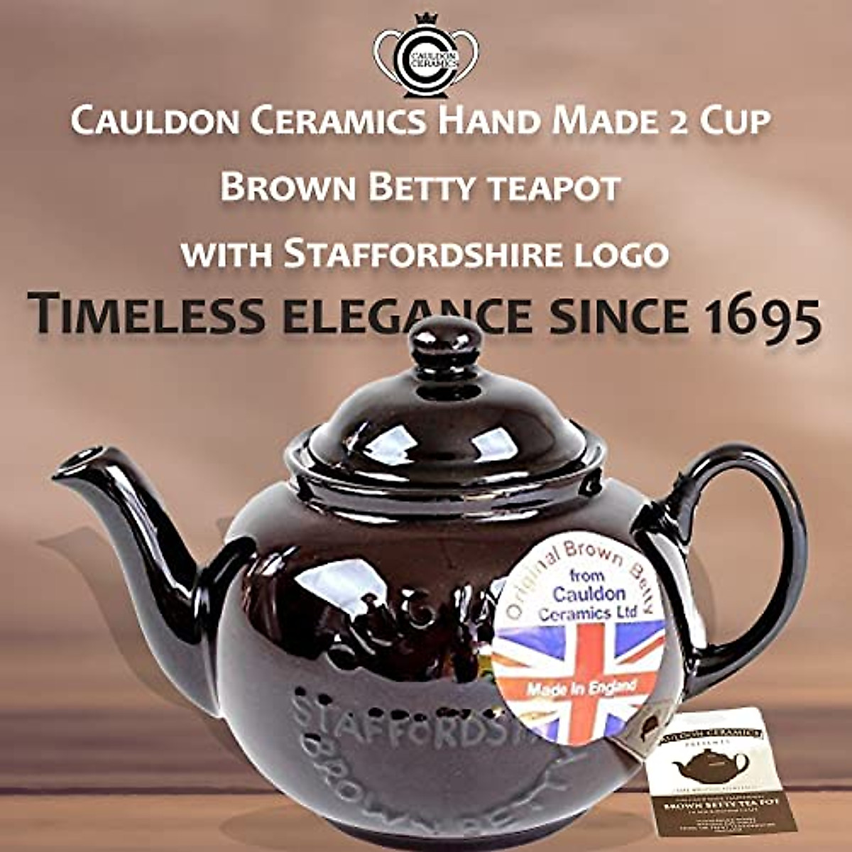 Cauldon Ceramics Classic Brown Betty Teapot | Hand Made 2 Cup Brown Betty Teapot with Logo | Made with Staffordshire Red Clay | Traditional Teapot | Authentic, Made in England Teapot | 20 Ounce