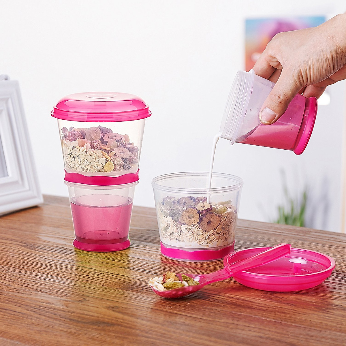 Cereal To Go, Cereal Container, Cereal On The Go Go Cereal Box Storage Container Cups Milk Yogurt Keeper Holder With Spoon (Pink)