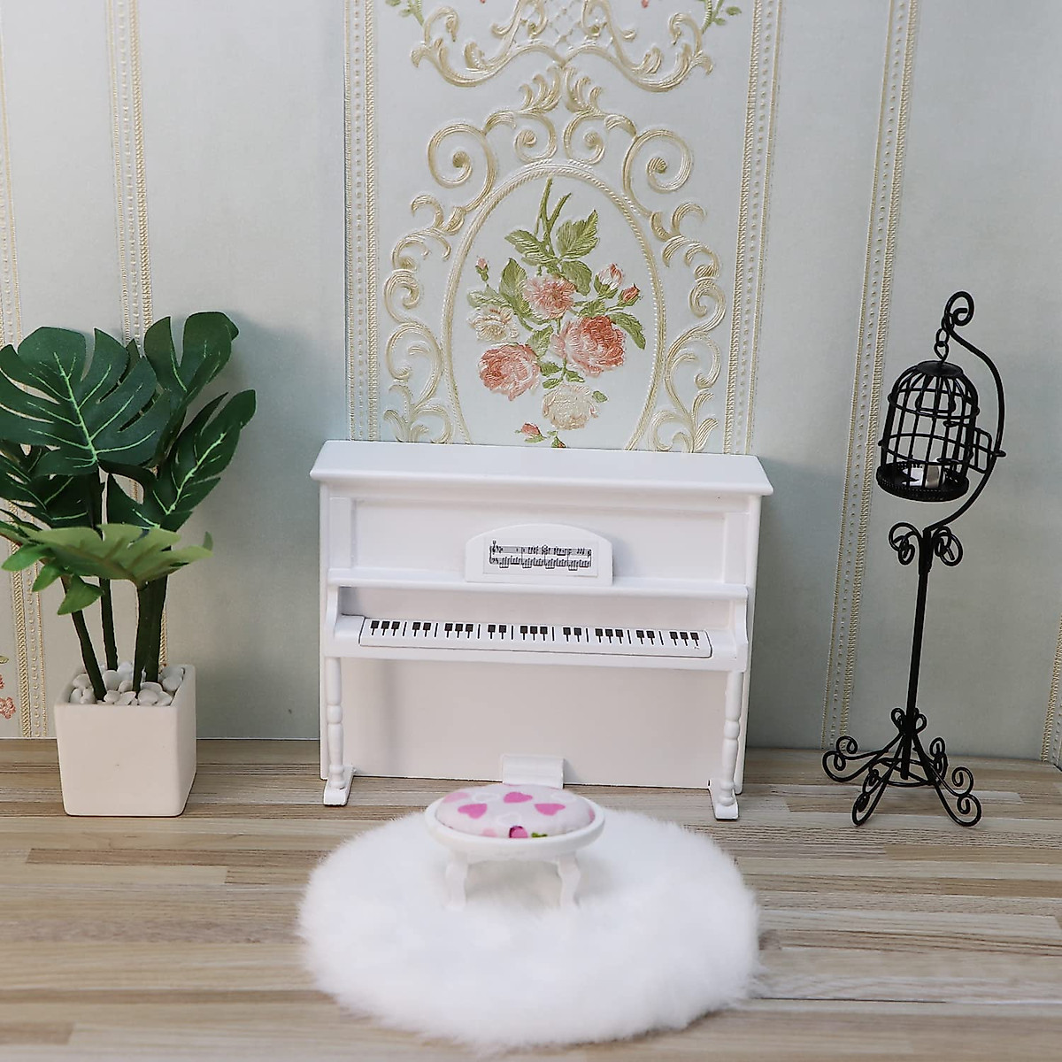 Dollhouse Grand Piano Model with Stool 1:12 Scale Miniature Musical Instrument Desk Ornaments Gift Wooden Elegant Mini House Decoration Artificial House Furniture Accessories (White)