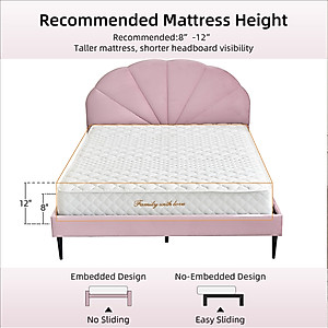 VELOCAVA Pink Bed Frame Full Size, Aesthetic Upholstered Bed with Unique Seashell Headboard, Soft Velvet Platform Bed, Strong Wooden Slats Support, No Box Spring Needed, Heavy Duty, Easy to Assemble