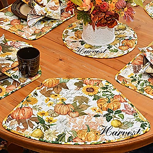 Sweet Pea Linens Quilted Bright Fall, Harvest, Sunflower and Pumpkin, Wedge-Shaped Placemats - Set of Four Plus Center Round-Charger