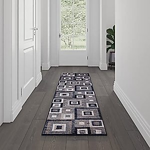 Flash Furniture Gideon Collection 2' x 7' Abstract Area Rug - Blue, Grey, and White Olefin Facing - Cotton Backing - Living Room or Bedroom