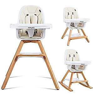 BABY JOY 3 in 1 High Chair, Baby Eat & Grow Convertible Wooden High Chair/Rocking Chair/Booster Seat/Toddler Chair, Infant Dining Chairs w/ Double Removable Tray, 5-Point Seat Belt & PU Cushion, Beige