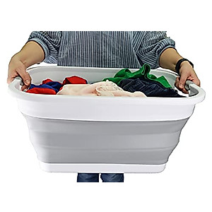 SAMMART 36L (9.5 gallon) Collapsible Plastic Laundry Basket - Foldable Pop Up Storage Container/Organizer - Portable Washing Tub - Space Saving Hamper/Basket (White/Grey (Set of 2))
