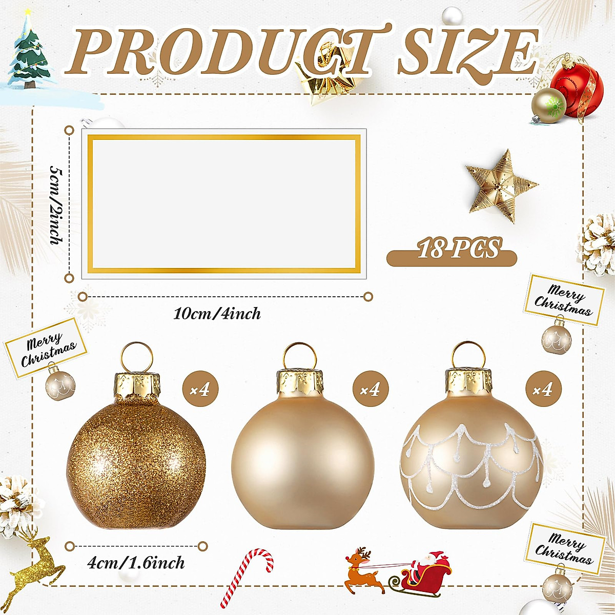Civaner 12 Pcs Christmas Ornament Place Card Holders and 18 Pcs Name Cards Set Gold Glass Ball Table Number Holder Table Sign Card Holder for Xmas Winter Wedding Anniversary Birthday Party,1.6 Inch