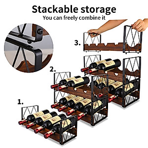 RedCall Wine Rack Freestanding,3 Tier Stackable Wine Bottle Holder Organizer,12 Bottles Wine Storage Shelf,Liquor Rack for Countertop,Solid Wood & Iron Rustic Style Liquor Cabinet