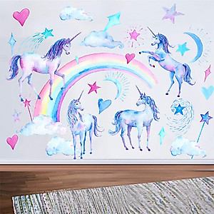 Wajade Unicorn Wall Decals, 2 Sheets Unicorn Rainbow Peel and Stick Wall Stickers Removable Wall Decor for Girls Kids Bedroom Nursery Playroom Decor