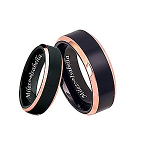 Personalized Rose Gold & Brushed Black Stainless Steel Ring Set Custom Engraved Free - Couple's Ring Set - Wedding Band - Ships from USA