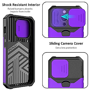 Nvollnoe for iPhone 14 Pro Case with Sliding Camera Cover and Card Holder Heavy Duty Protective iPhone 14 Pro Case with Ring Magnetic Kickstand Phone Case for iPhone 14 Pro 6.1 inch(Purple)