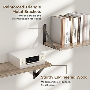 Fun Memories Floating Shelves Wall Mounted Set of 3, 16.5 Inch Natural Wood Wall Shelves, Decor Storage Shelf for Bedroom Bathroom Living Room Office Pictures Plants Books Cats TV (Grey)