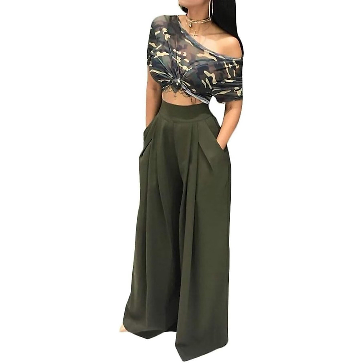 LROSEY Women's Stretchy Solid Color High Waisted Wide Leg Palazzo Pants with Pockets Green
