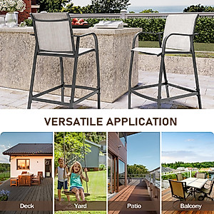 VredHom Outdoor Metal Bar Stools, Patio Bar Stools Set of 4 Counter Height Chairs Steel Bar Chairs Lightweight Patio Furniture with Textilene, Armrest and Footrest, Light Grey