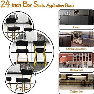 Sucrever 24” Boucle Bar Stools Set of 6, Counter Height Bar Stools with Back, Sherpa Barstools with Golden Metal Legs/Footrest, Black Boucle Bar Chairs Bar Stools for Kitchen Island, Dining Room