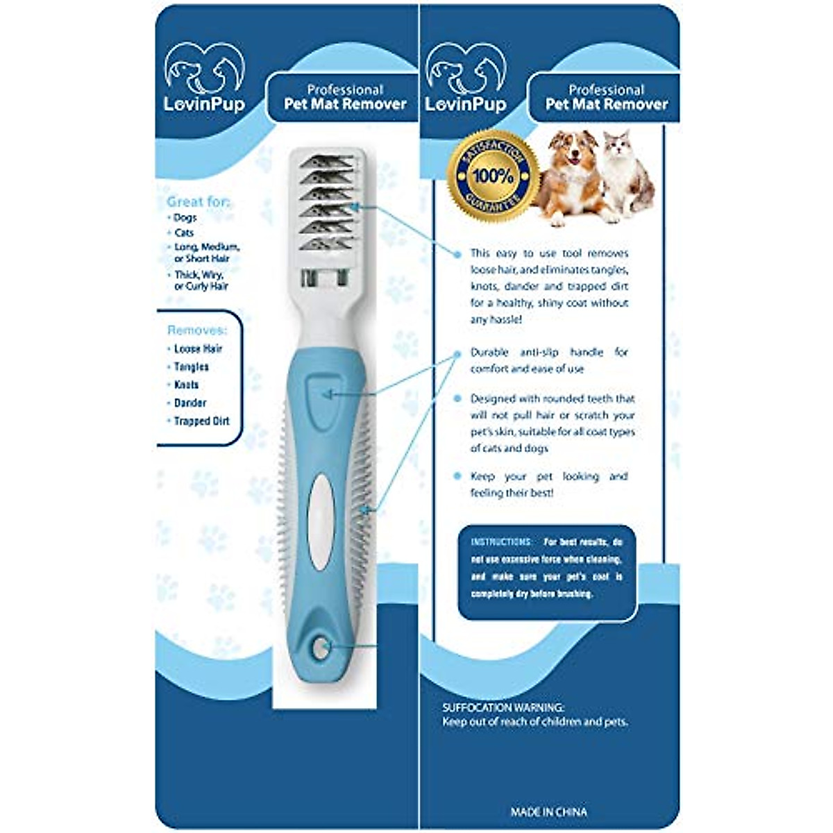 LovinPup Pet Mat Remover Easily removes Mats Professionally from your DOGS & CATS and Straightens Tuft & Knotted Pet hair. Extremely Gentle on pets, works on Sensitive Skin too!