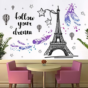 RW-4939 Giant Eiffel Tower Wall Decals Purple Feather Stars Vinyl Wall Stickers DIY Removable Balck Unique Paris Hot Air Balloons Stars Decor for Kids Teens Bedroom Living Room Nursery Decoration