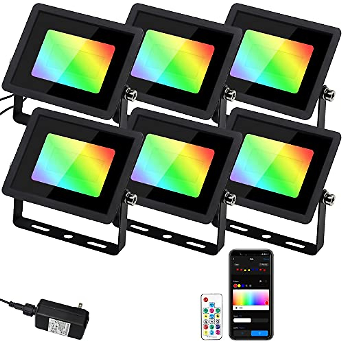 Hitish LED Flood Lights Outdoor, Smart RGB Color Changing Floodlight with Multi Scene Modes & Music Modes, IP66 Waterproof Landscape Lights with Smart APP & Voice Control for Patio Garden Yard, 6 Pack