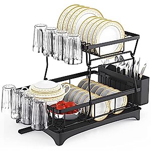 ACALANTHA Dish Drying Rack with Drainboard, Large Dish Racks for Kitchen Counter, 2 Tier Dish Holder with Silverware Drying Rack.(Black)