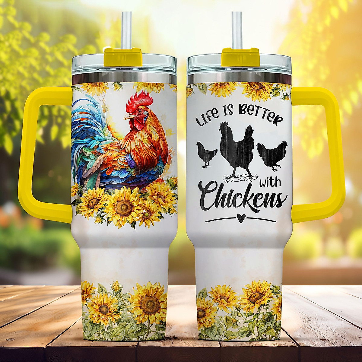 99WHALE Chicken Life Better Sunflower, Cups Handle Swig Tumblers Yellow Women Spring Breed Coffee Lovers For Is Good, Tumbler 40 Oz With Handle Lid And Straw, Chicken Gifts