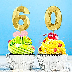 60th Birthday Number Candles 3D Diamond Shape Cake Candles Number 60 Candles Cake Topper Decoration for Birthday Wedding Celebration Anniversary Favor (Gold)
