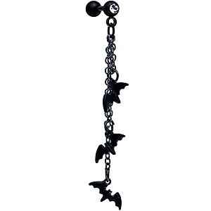 Body Candy 16G Womens Black Plated Steel Bats Chain Dangle Cartilage Earring Helix Tragus Jewelry 1/4"