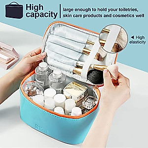 Makeup Bag Portable Travel Cosmetic Bag for Women, Beauty Zipper Makeup Organizer PU Leather Washable Waterproof (Light Blue)