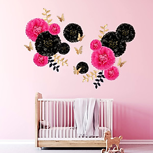 Fonder Mols Tissue Paper Flowers Pom Poms Blooms(Black & Hot Pink, 12pcs) for Bridal Shower Bachelorette Birthday Party Nursery Wall Decorations, Hot Pink and Black Party Decorations