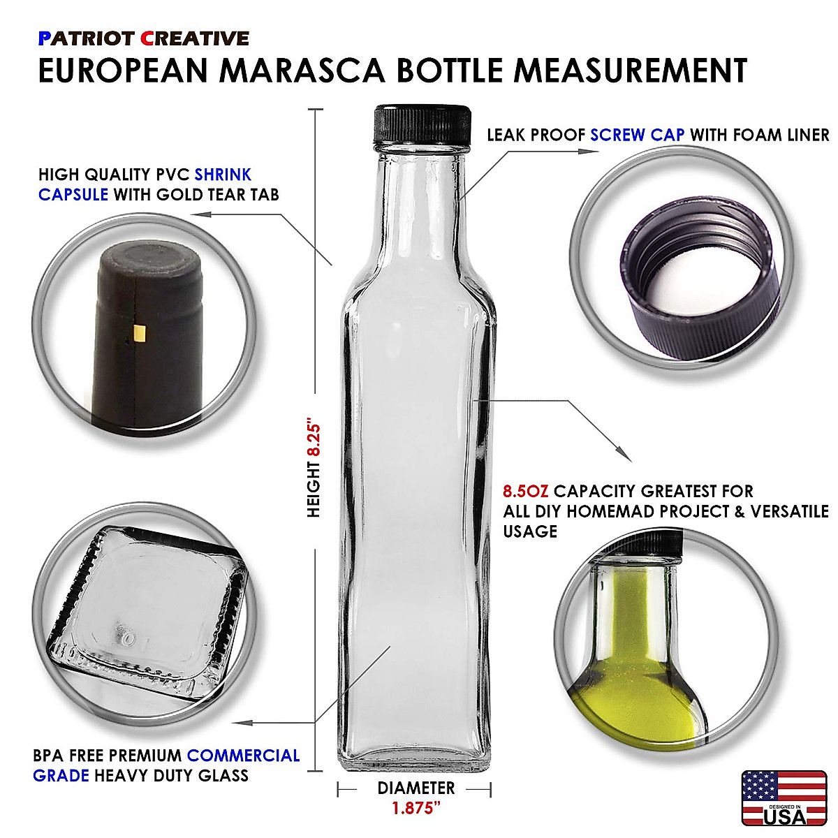 Quadra Bottles 8.5 Oz 15 Sets of Premium Commercial Grade Glass Square Bottle Leak Proof Airtight Plastic Screw Cap Lids Shrink Capsule - European Marasca 8.5 oz Bottle (Black 15Sets 8.5oz 250ml)