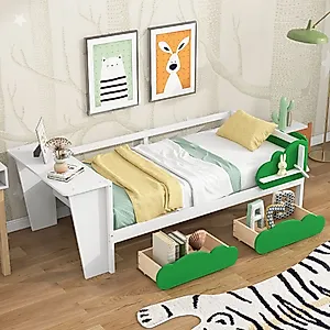 FIQHOME Twin Size Daybed with 2 Storage Drawers and Desk, Wood Kids Twin Bed Frame with Green Leaf Shape Shelves, Twin Sofa Bed Frame for Kids Girls Boys, No Spring Box Required, White