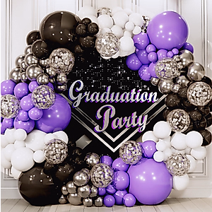 ALL-IN-1 Purple and Black White Balloons Garland & Arch Kit – Small and Large White Purple and Black Balloons – Party Decorations for Graduations, Birthdays, Retirement, Halloween – Wednesday