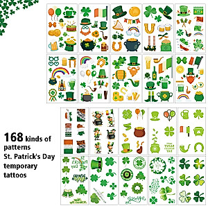168 PCS St Patricks Day Tattoos Stickers Shamrock Tattoos Temporary Stickers Irish Tattoos Stickers for St. Patricks Day Parade Party Favors Decorations