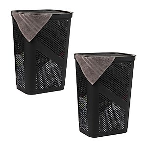 Mind Reader 60L Slim Laundry Hamper, Clothes Basket, Lid, Ventilated, Plastic, 17.25"L x 13.75"W x 23.5"H, Set of 2, Black